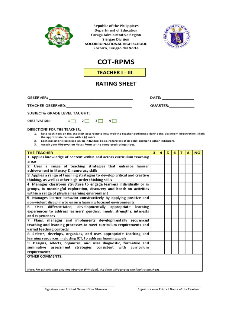 Cot - Rating Sheet | PDF | Teachers | Curriculum
