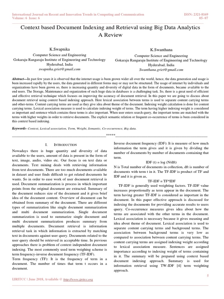 Context Based Document Indexing And Retrieval Using Big Data Analytics