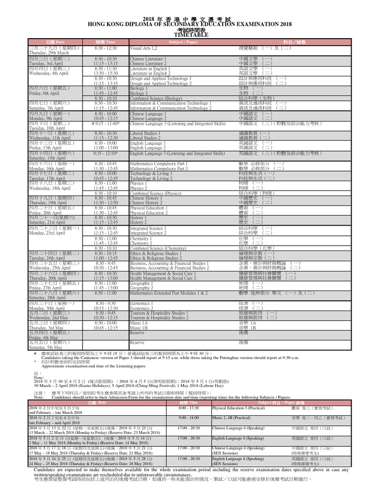 2018 DSE Timetable PDF | PDF