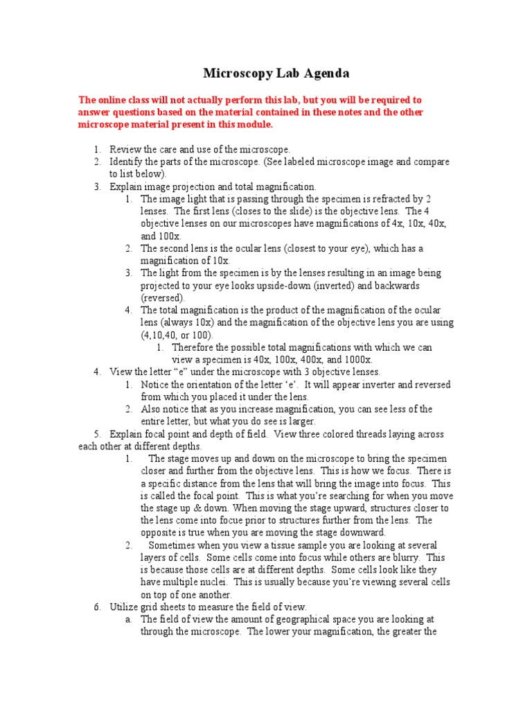 Microscopy Lab Agenda | PDF | Lens (Optics) | Microscope