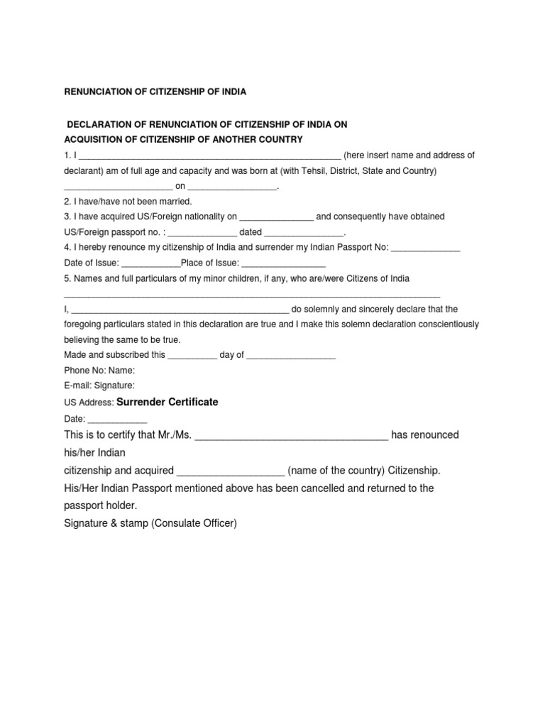 Renunciation of Citizenship of India | PDF | Mail | Nationality Law