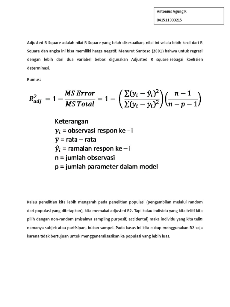 Adjusted R Square Adalah Nilai R Square Yang Telah Disesuaikan | PDF