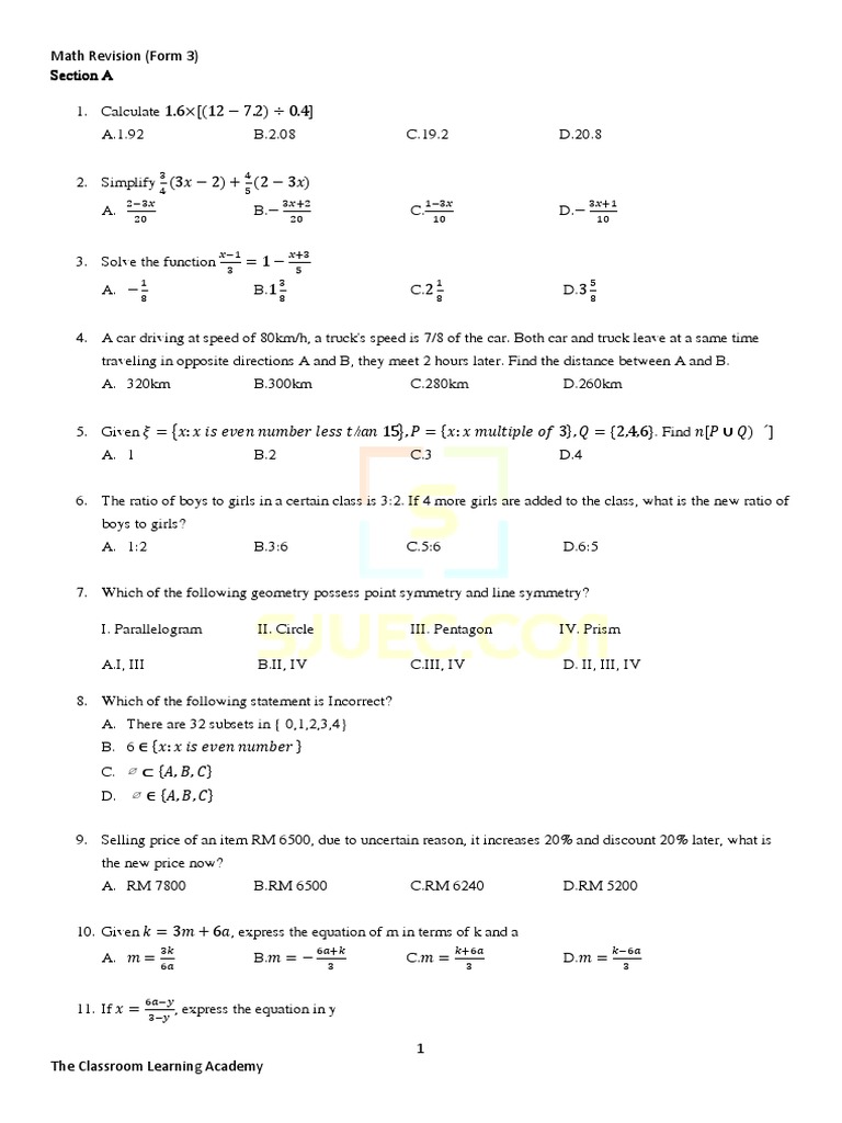Sjuec Math Revision (Form 3) PDF | PDF | Area | Pi