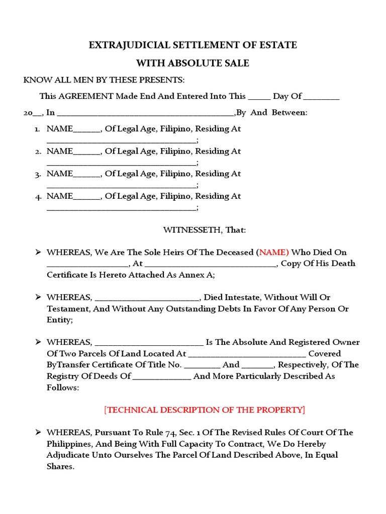 Extrajudicial Estate Settlement & Sale | PDF | Deed | Private Law