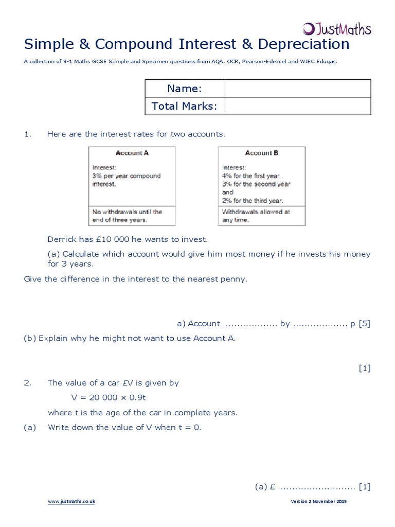GCSE Maths: Interest & Depreciation Questions | PDF | Interest | Test ...
