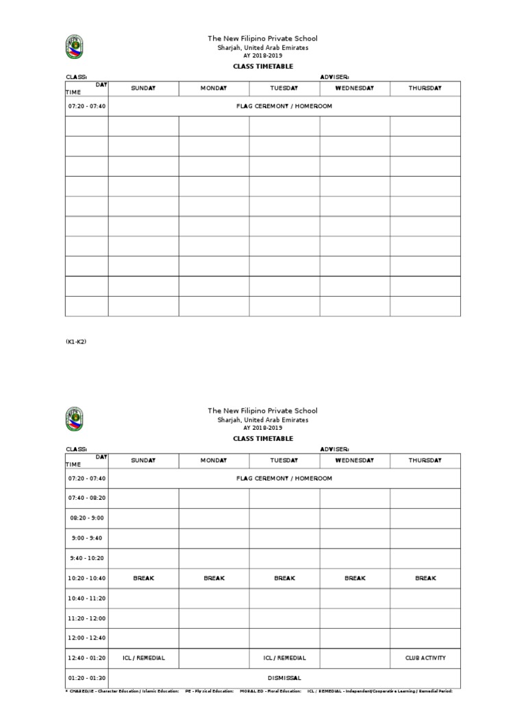 Class Timetable 18-19 Template | PDF | Physical Education | Clinical ...