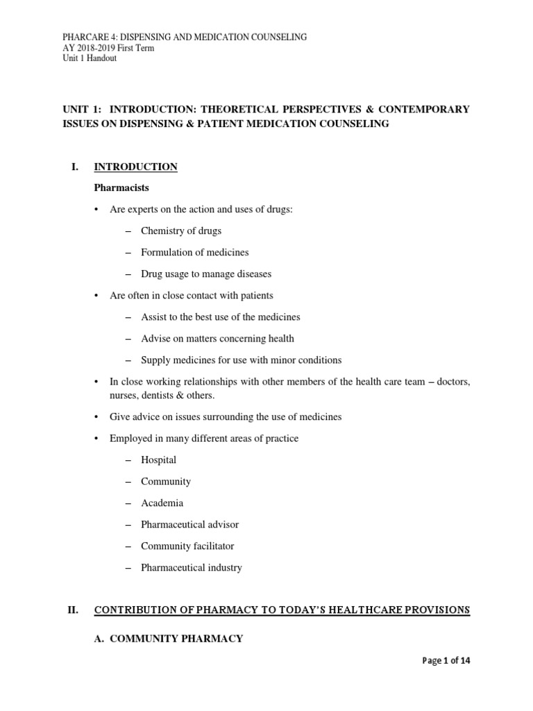 Unit 1: Introduction: Theoretical Perspectives & Contemporary Issues On Dispensing & Patient ...