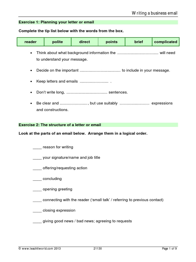 Email Writing Worksheet | PDF | Sentence (Linguistics) | Word