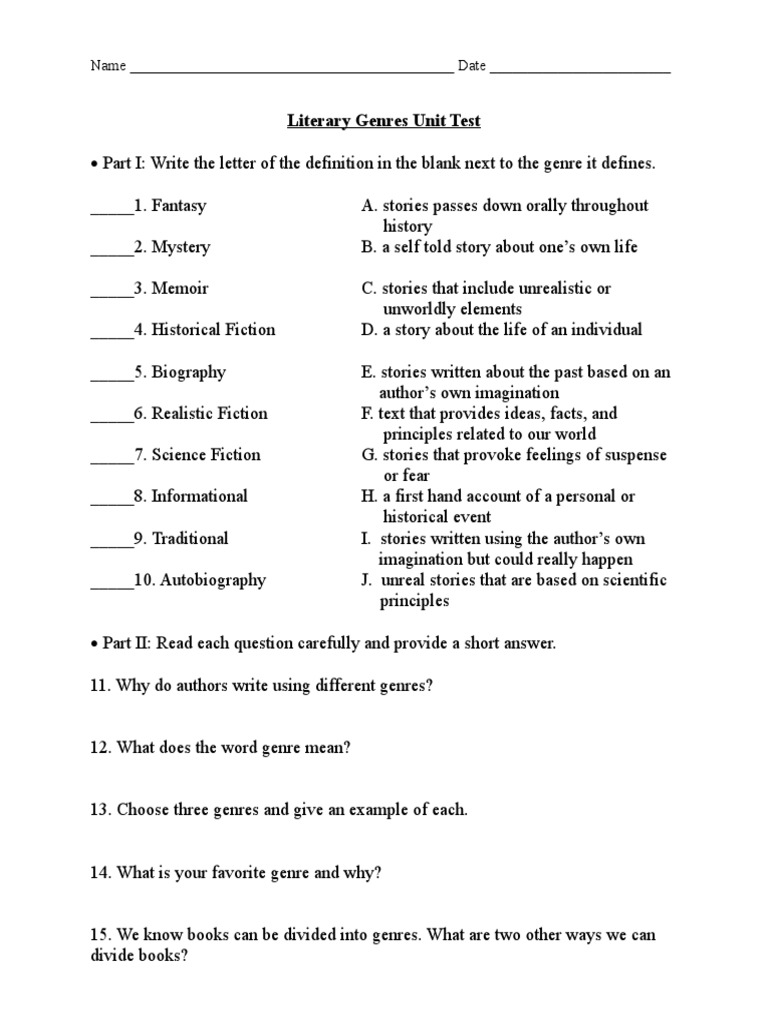 Literary Genres Unit Test: Name - Date | PDF