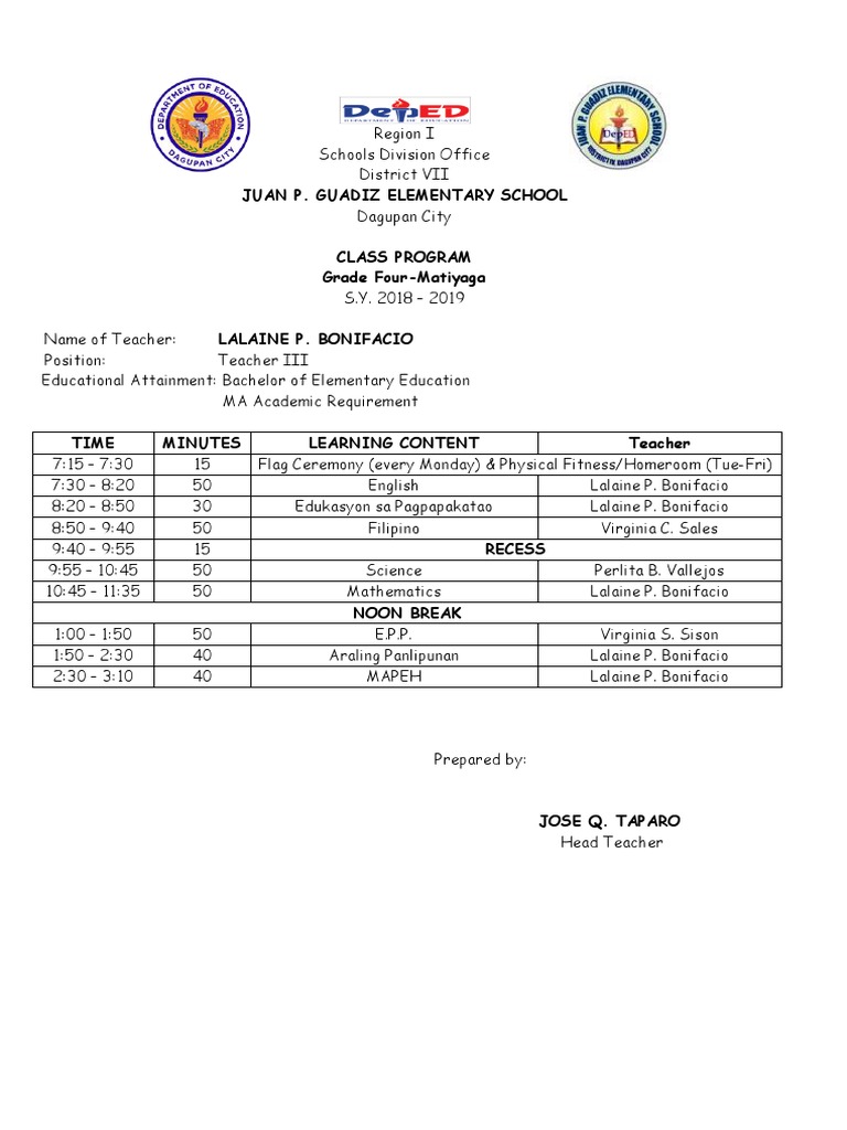 Class-Teachers Program - Lalaine Bonifacio | PDF | Primary Education ...