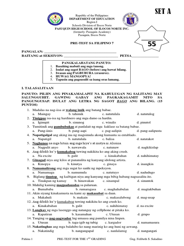 Pre-Test Grade 7 Set A | PDF