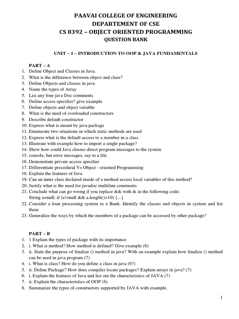CS 8392 - Oop - Question Bank | PDF | Method (Computer Programming) | Constructor (Object ...