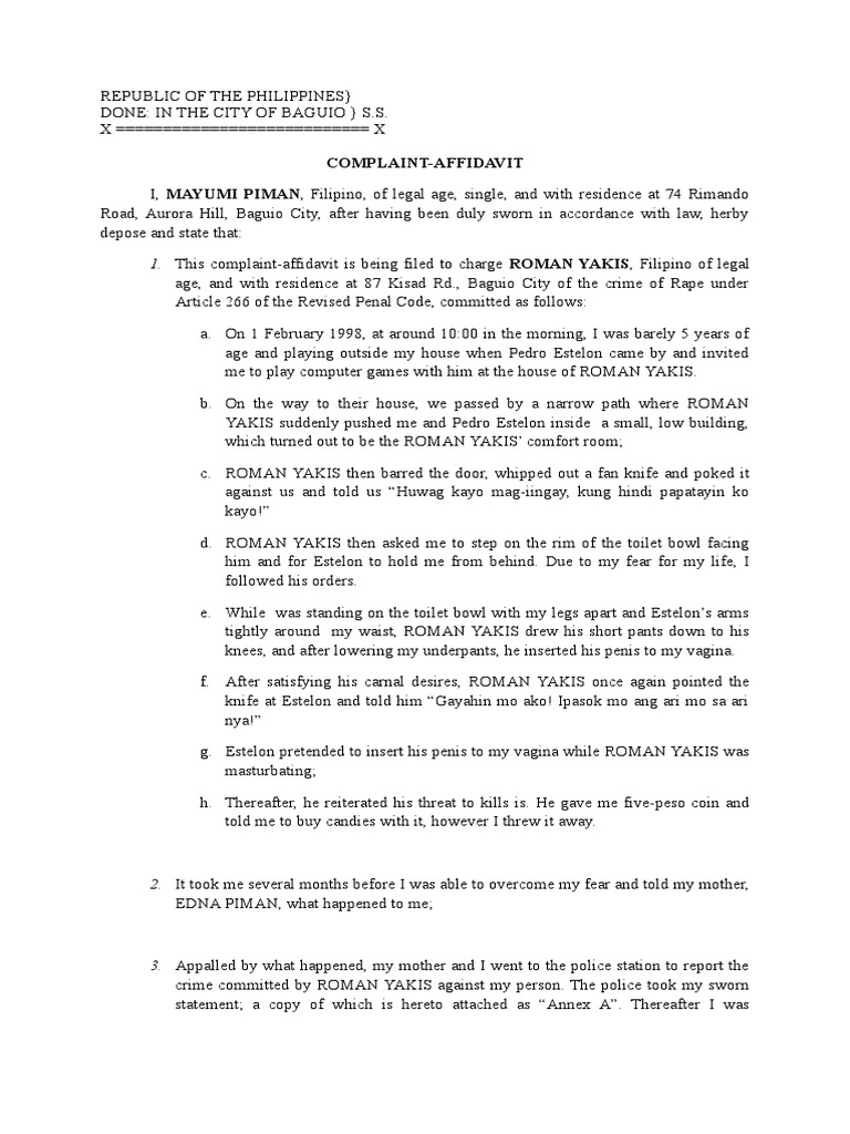 Complaint-Affidavit For Rape | PDF | Rape | Crime & Violence