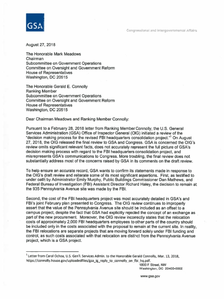 8.27.18 GSA Letter Re GSA OIG FBI HQ Consolidation Review | PDF