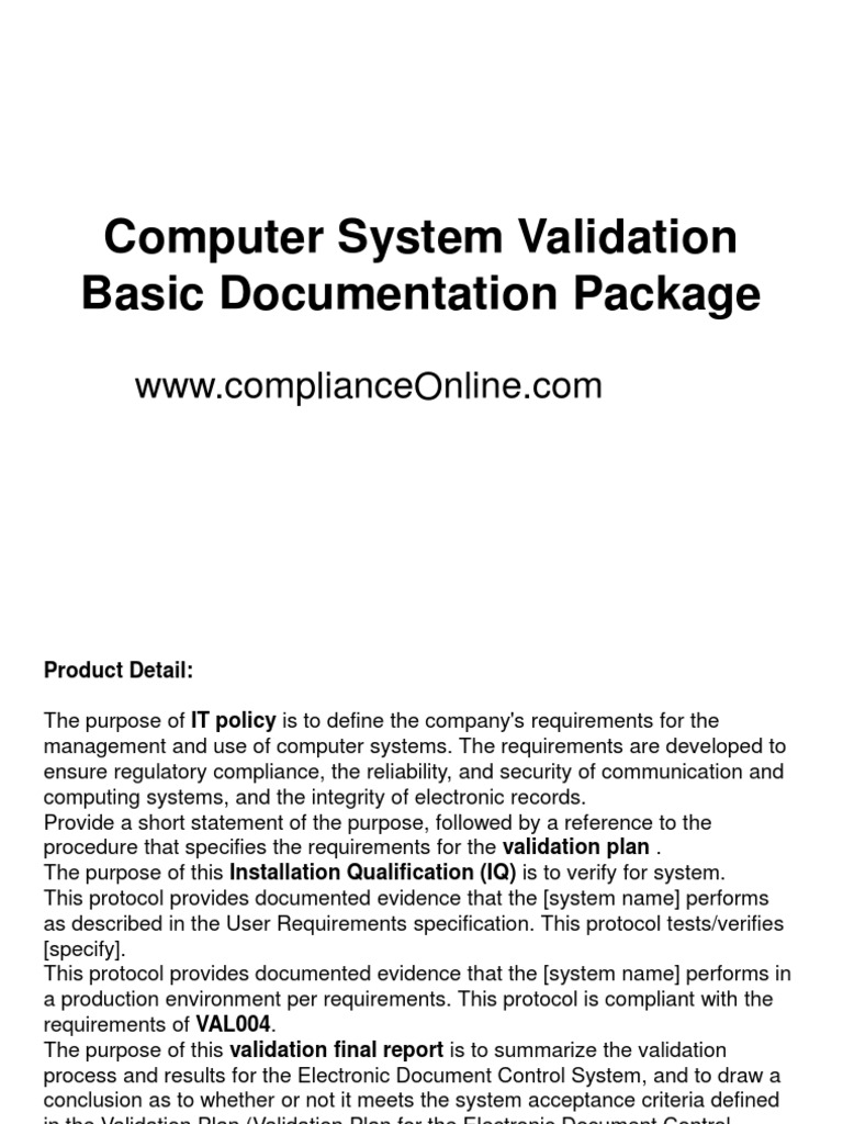Computer System Validation Basic Documentation Package | Download Free ...