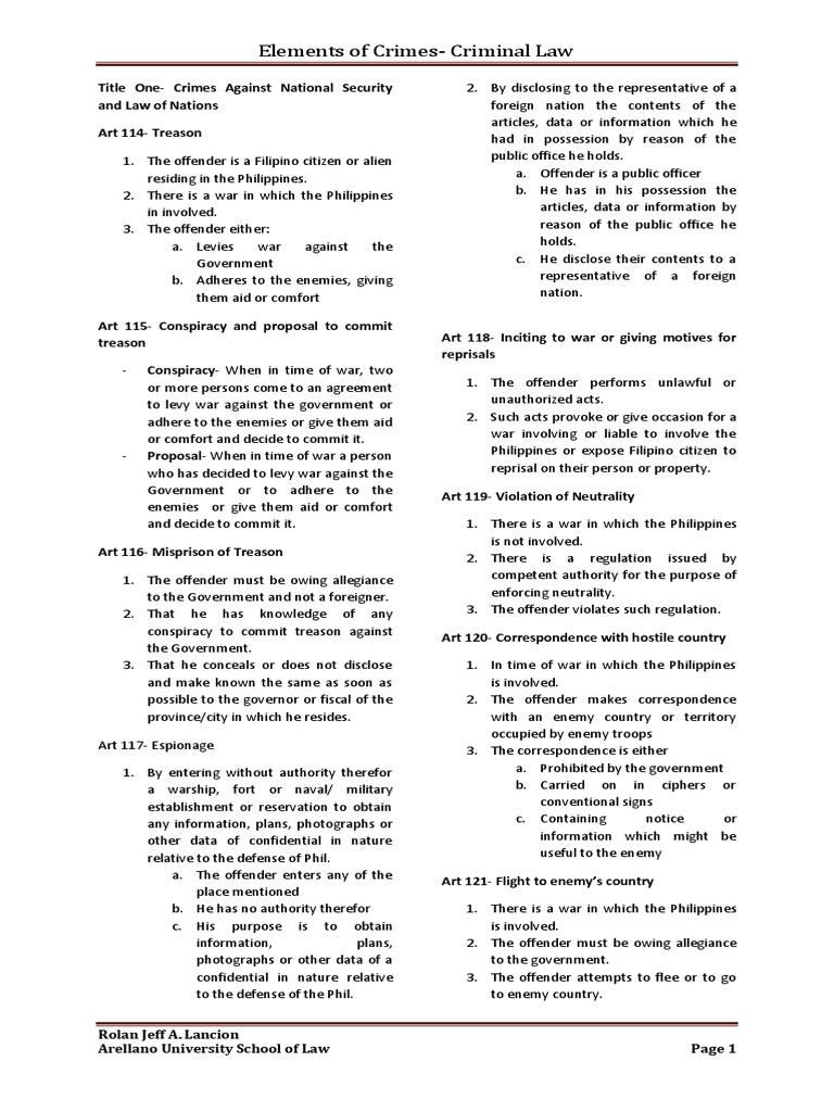 Criminal Law - Elements of Crimes | PDF | Forgery | Treason