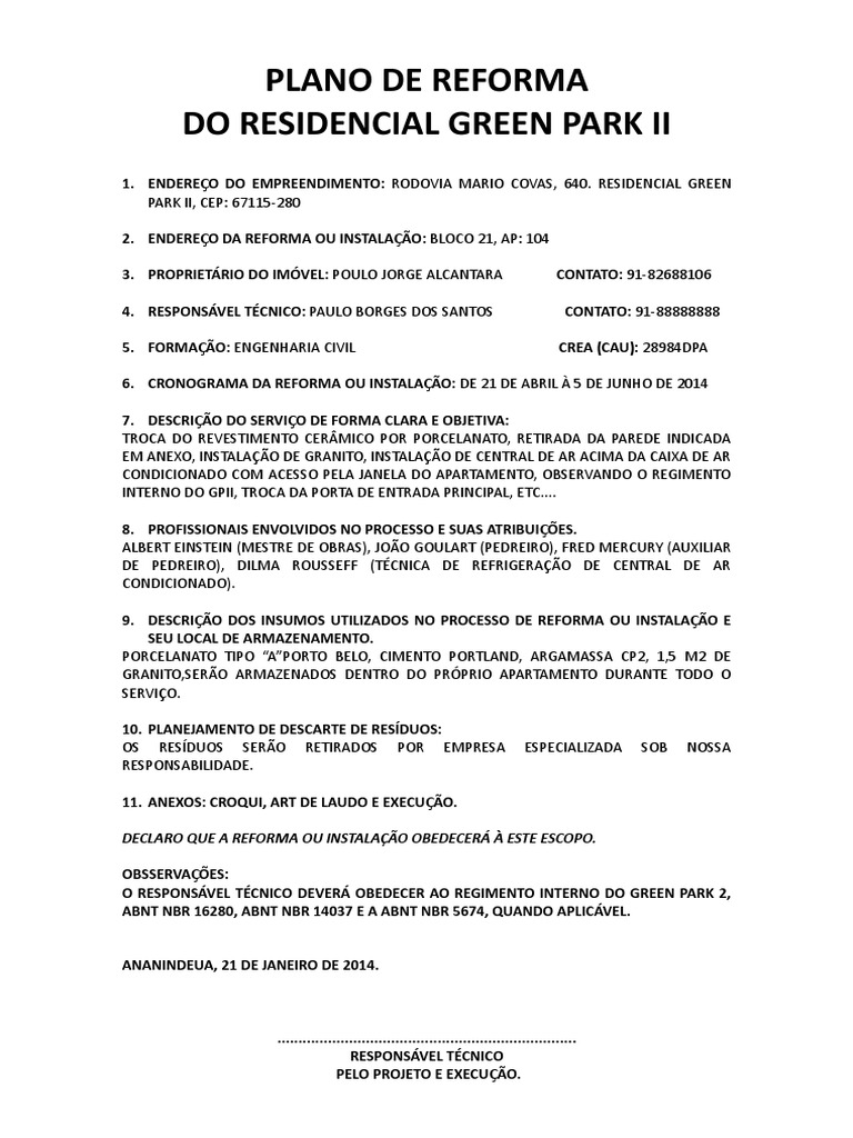 Plano de reforma residencial no Bloco 21 do Residencial Green Park II | PDF