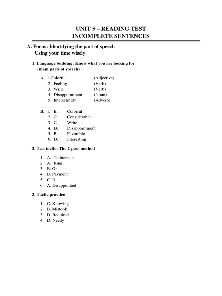 Unit 5 - Reading Test Incomplete Sentences: A. Focus: Identifying The ...
