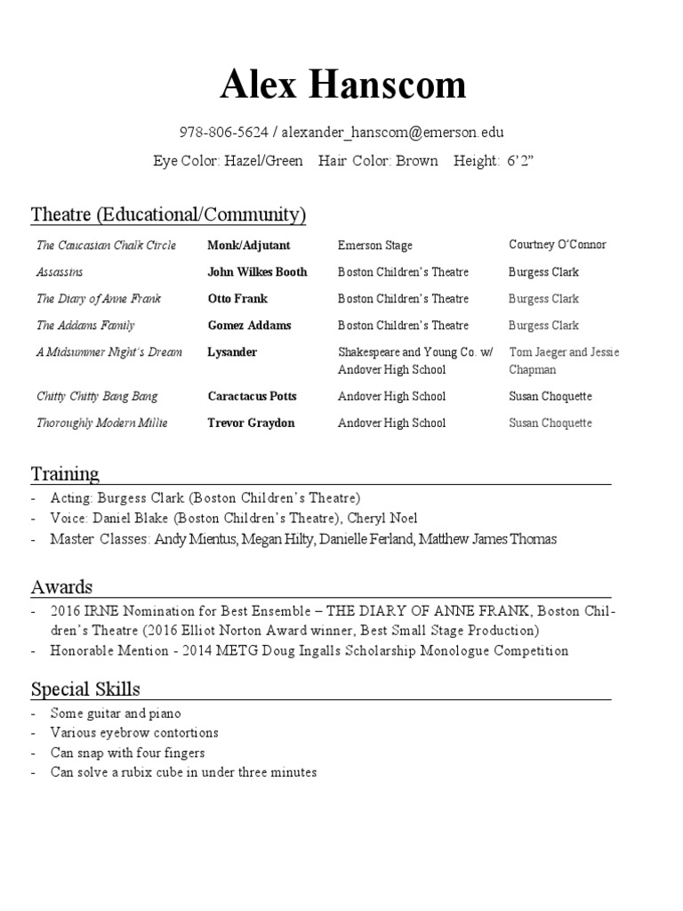 Actor Resume: Alex Hanscom | PDF