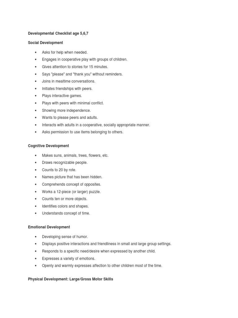 Developmental Checklist Age 5 | PDF | Child Development | Relationships