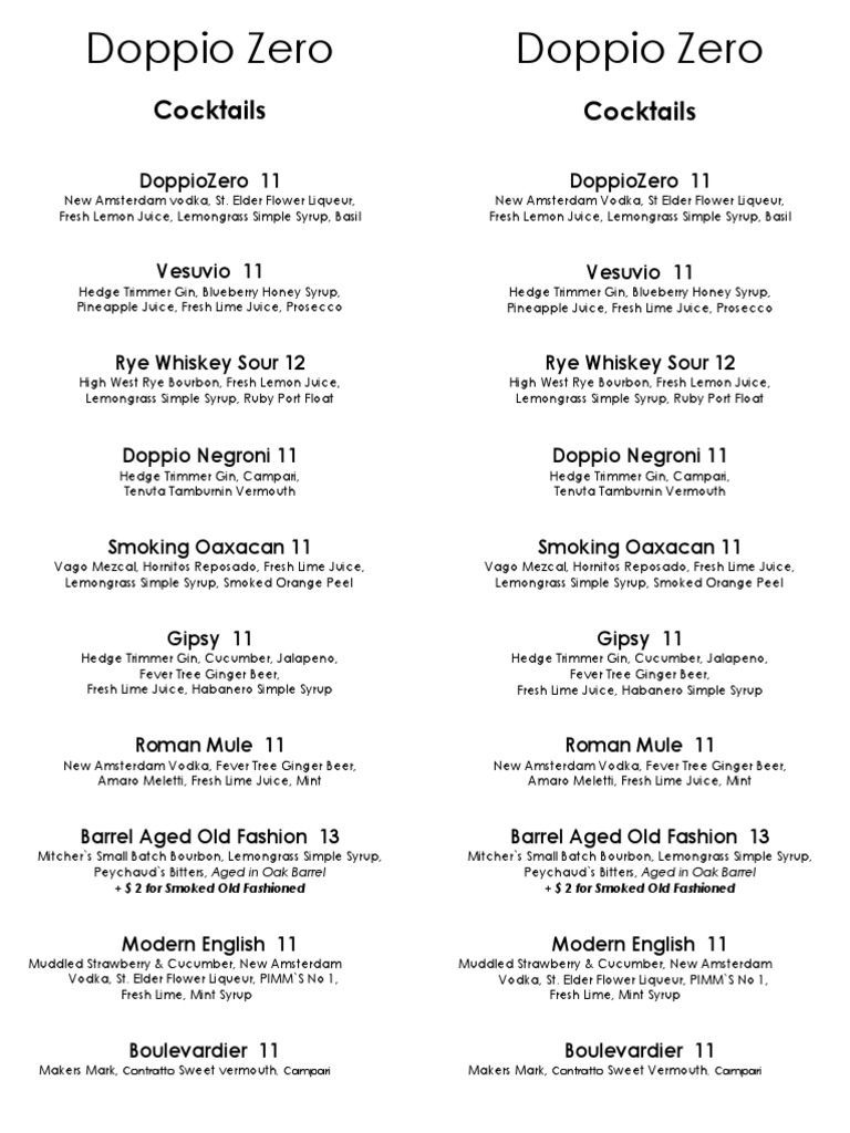 Doppio Zero SF Cocktail Menu | PDF | Alcoholic Drinks | Cocktails
