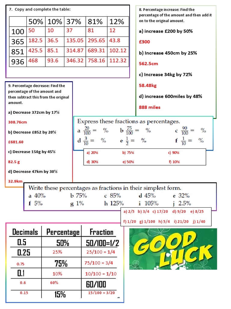 Fractions Decimals and Percentages ANSWERS | PDF | Fraction ...