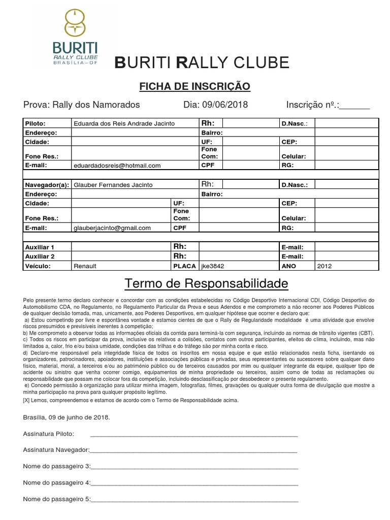 Ficha de Inscrição BRC 20188 - BD | PDF | Corridas de automóveis | Esportes