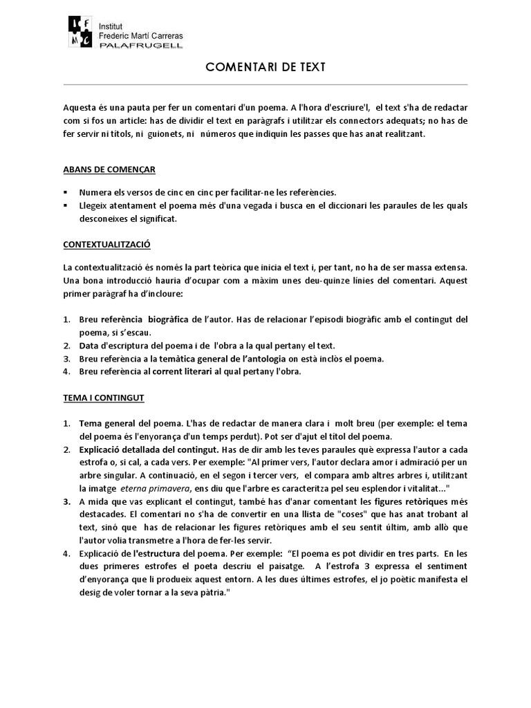 Comentari de Text. Guió I Exemple. | PDF