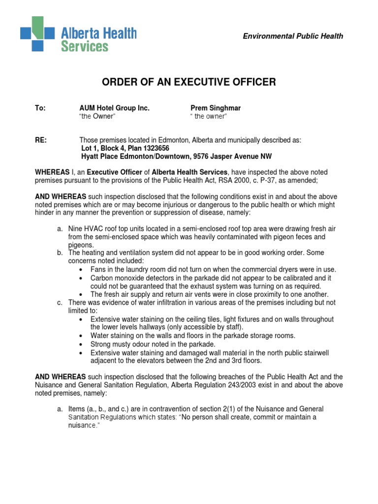 AHS Order Issued To Hyatt Place in Downtown Edmonton | PDF | Hvac ...