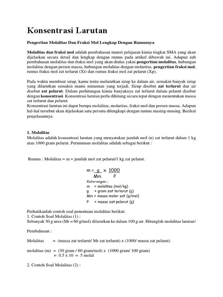 Pengertian Molalitas Dan Fraksi Mol Lengkap Dengan Rumusnya | PDF ...