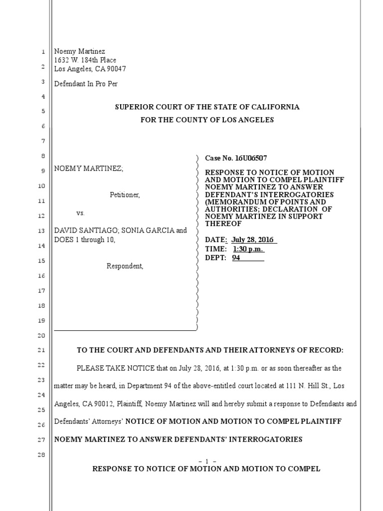 Answer For Motion To Compel - Noemy Martinez | PDF | Interrogatories | Motion To Compel