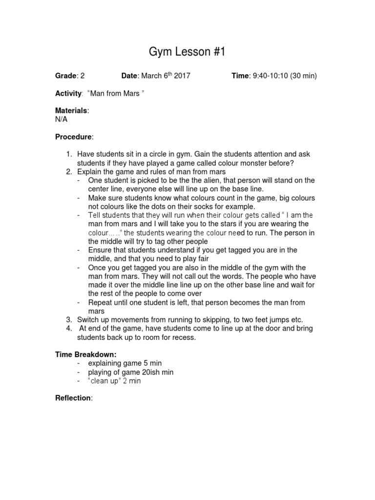 Gym Lesson #1: Grade: 2 Date: March 6 Time: 9:40-10:10 (30 Min ...
