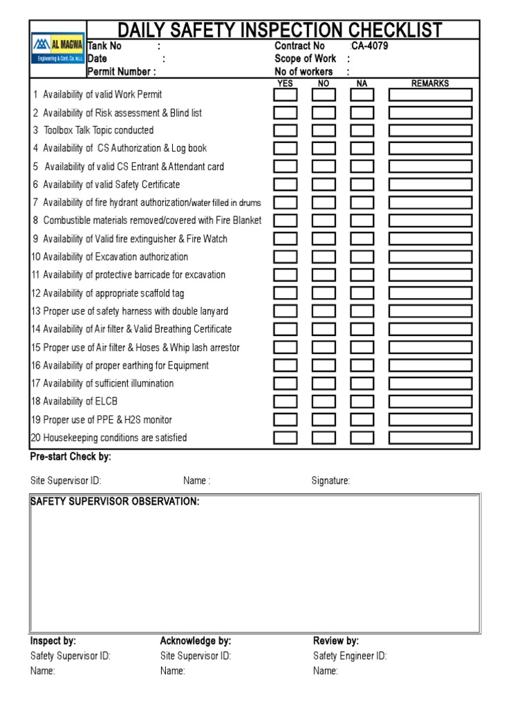 Daily Safety Inspection Checklist: Water Filled in Drums | PDF ...