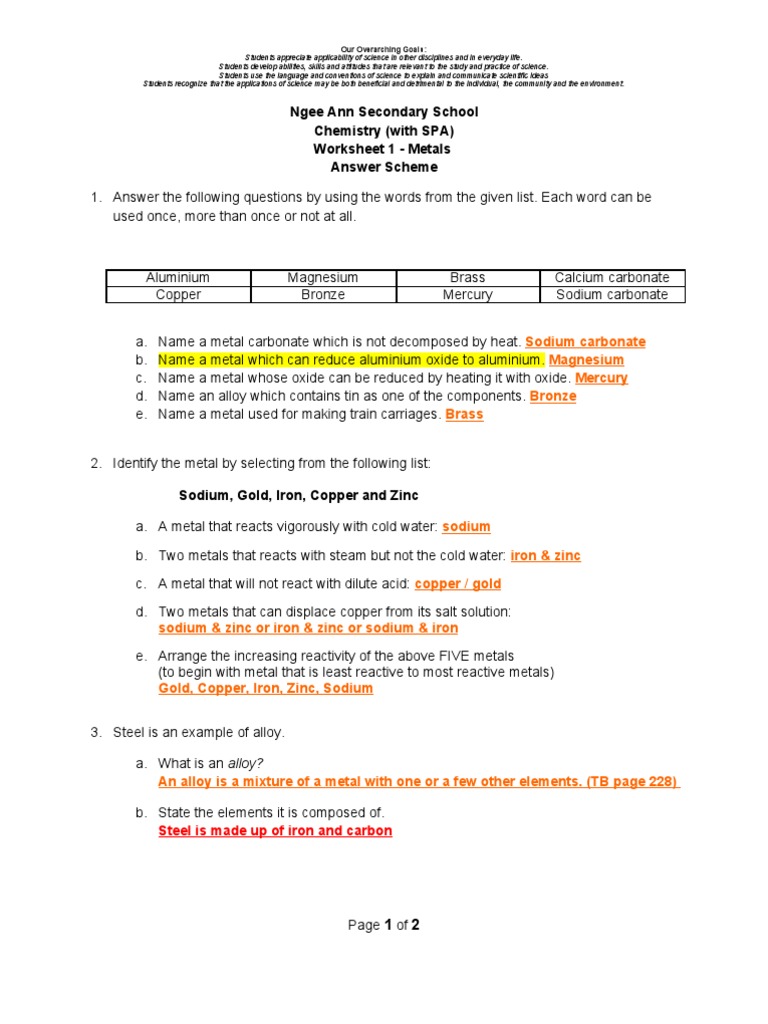 Metals Worksheet 1 | PDF | Metals | Alloy