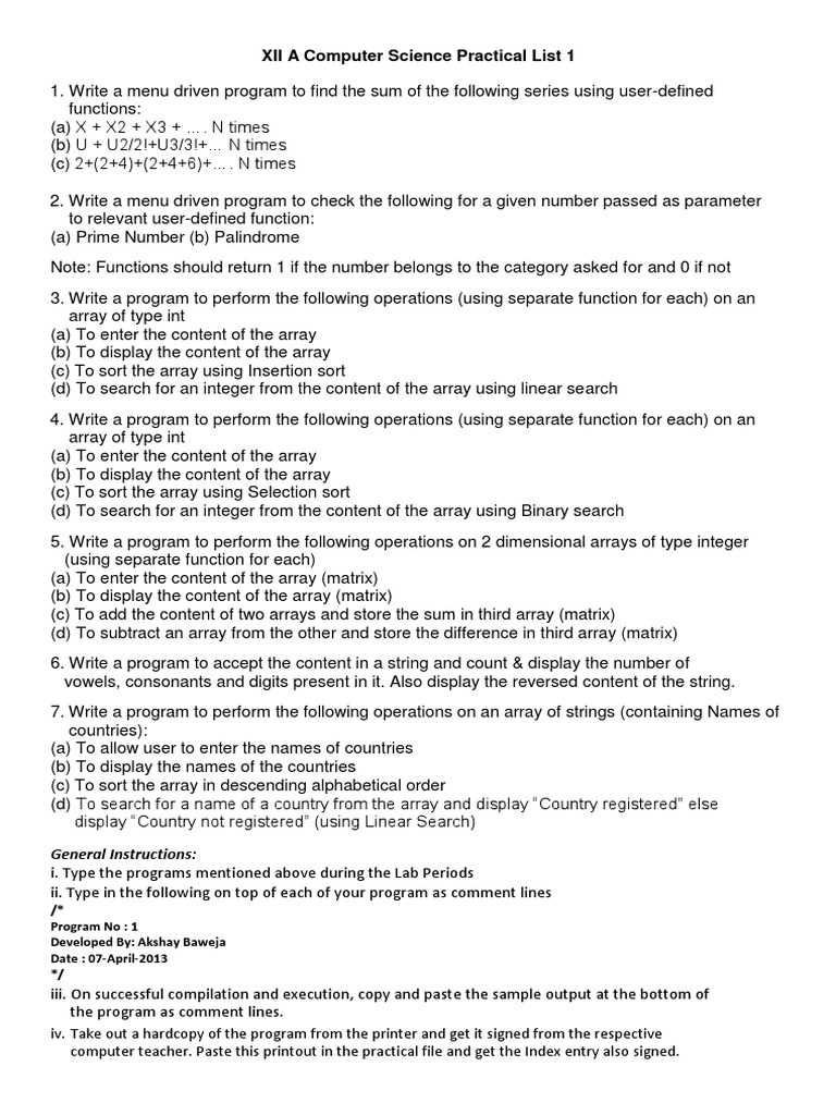 Xii A Computer Science Practical List 1 General Instructions Download Free Pdf String