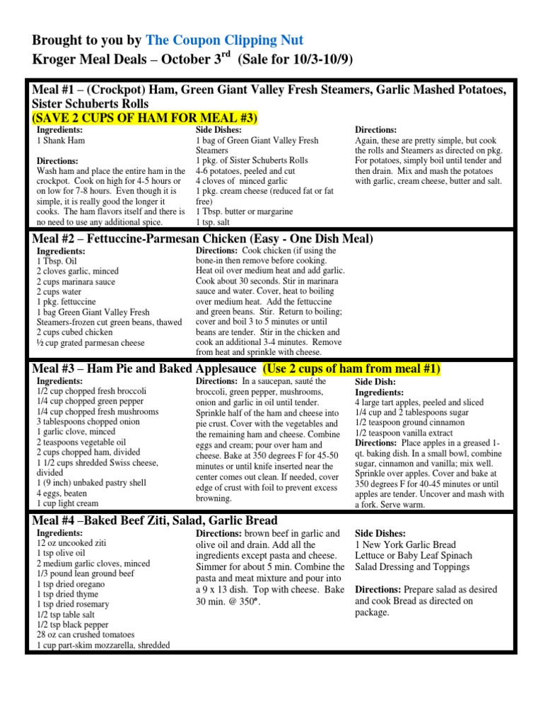 Kroger Meal Deals: Easy Recipes for October | PDF | Salad | Pasta
