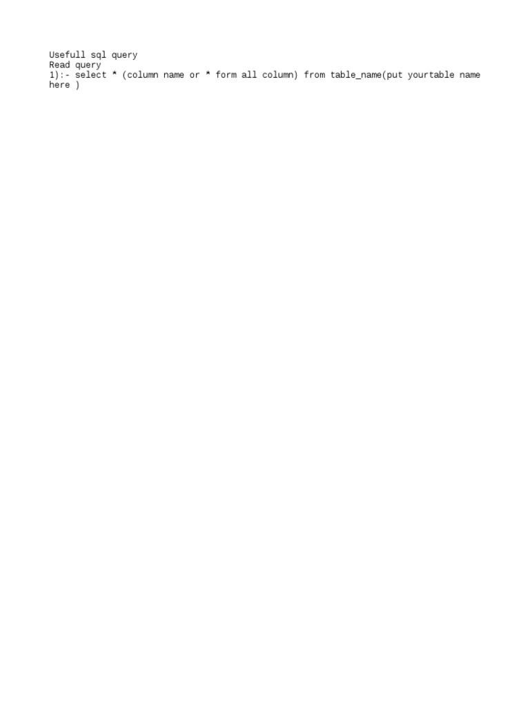 Usefull SQL Query Read Query 1) :-Select (Column Name or Form All Column) From Table - Name (Put ...