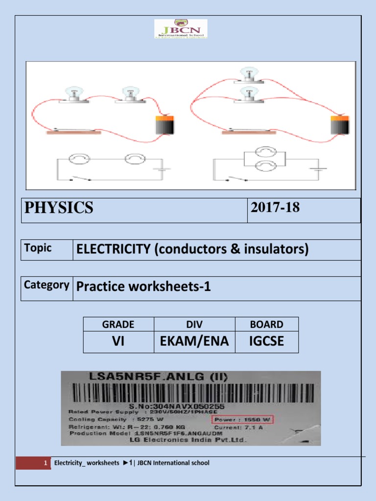 Physics Practice Worksheets on Electricity (Conductors & Insulators | PDF | Insulator ...