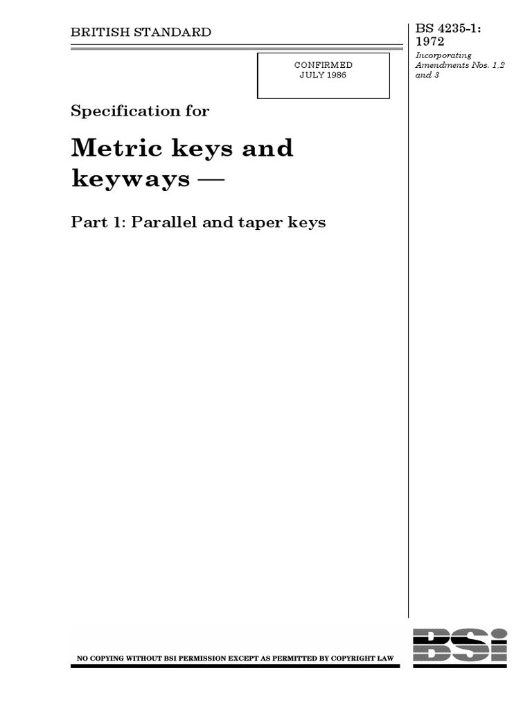 Bs 4235 1 1972 Specification For Metric Keys and Keyways Parallel and ...