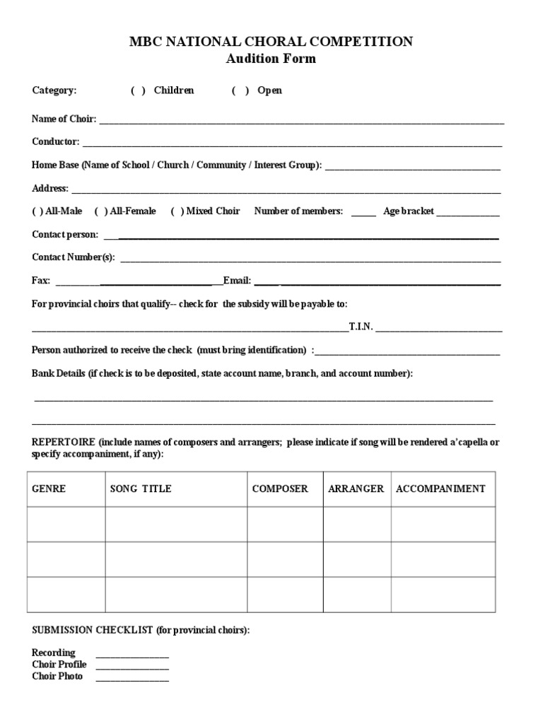 MBC National Choral Competition Audition Form: Category: Children Open ...