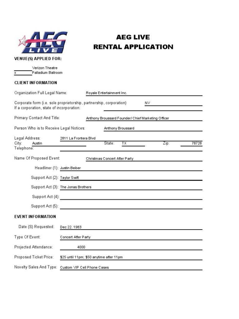 AEG Live Concert Venue Rental Application | PDF