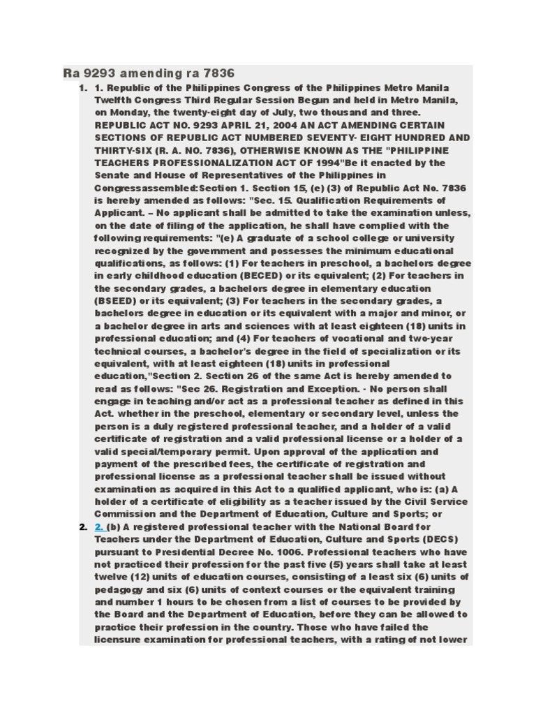 Ra 9293 Amending Ra 7836 | PDF | Licensure | Academic Degree