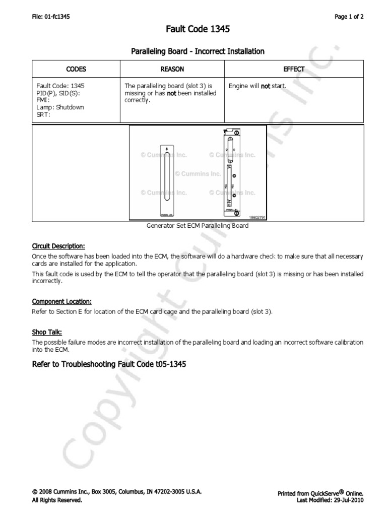 Fault Code 1345: Paralleling Board - Incorrect Installation | PDF