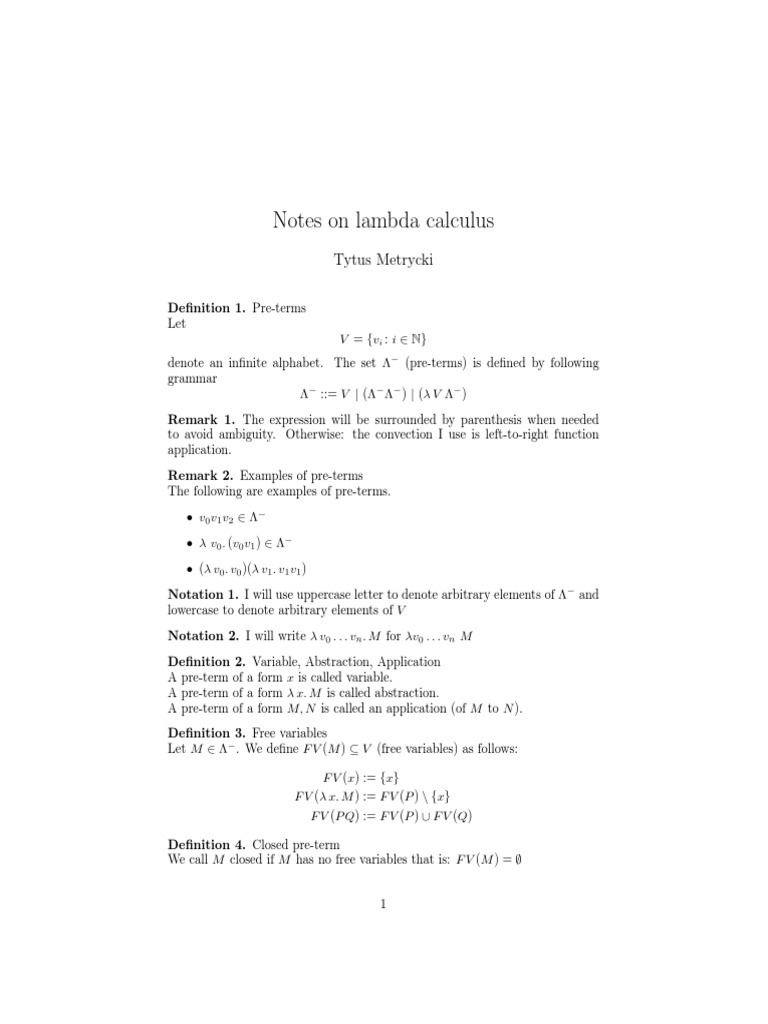 Notes On Lambda Calculus Tytus Metrycki Pdf Syntax Logic 7841