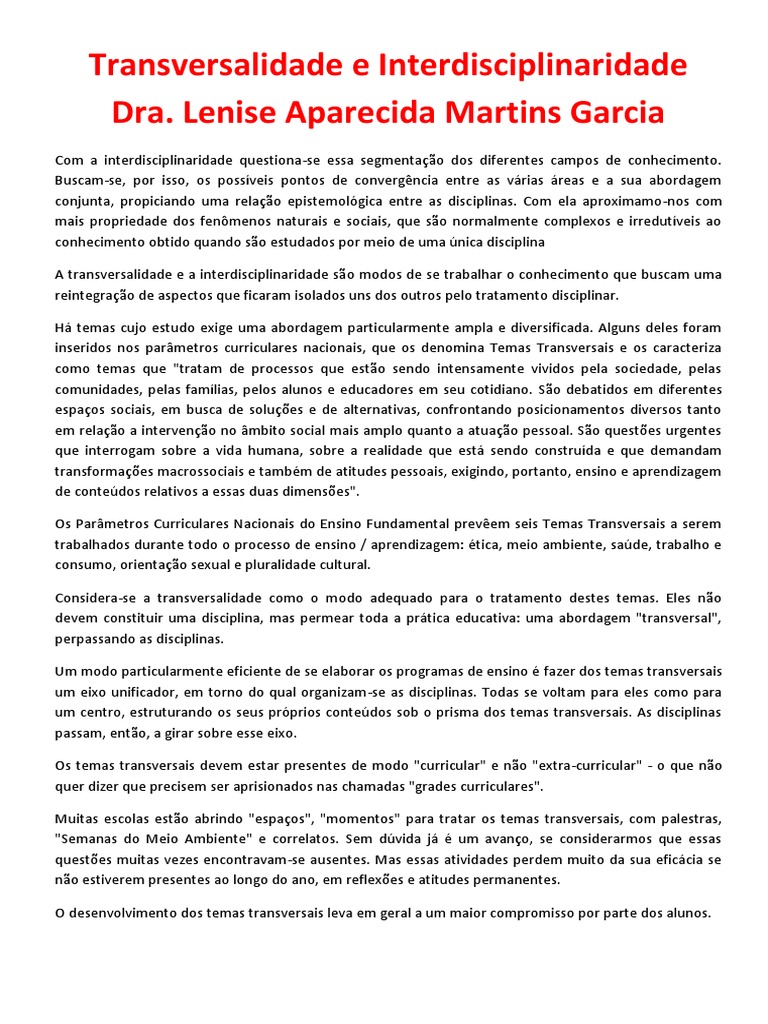 Transversalidade | PDF | Interdisciplinaridade | Gênero
