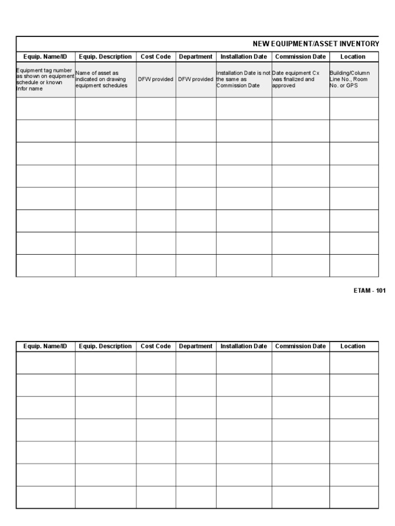 Equip. Name/ID Equip. Description Cost Code Department Installation ...
