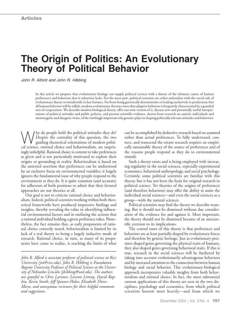 The Origin of Politics: An Evolutionary Theory of Political Behavior ...