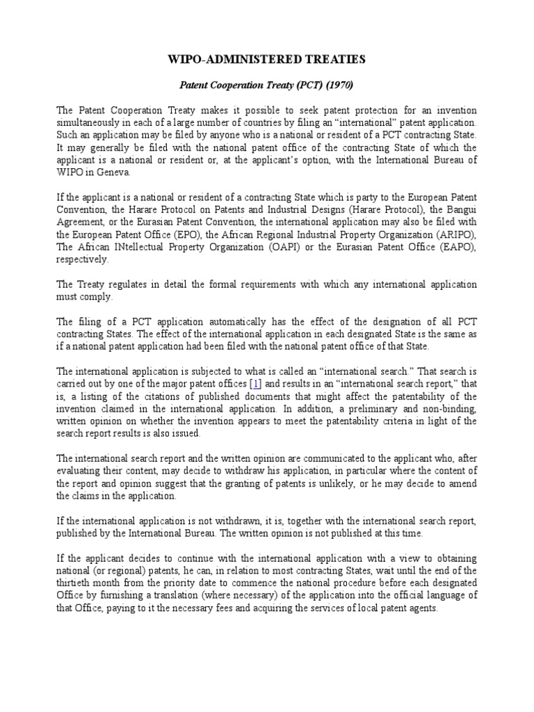 Wipo-Administered Treaties: Patent Cooperation Treaty (PCT) (1970 ...
