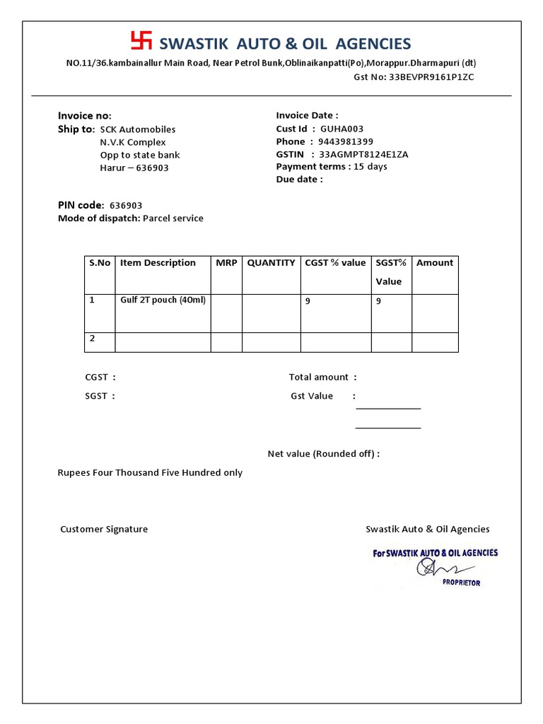 Swastik Auto & Oil Agencies: Invoice No Ship To | PDF