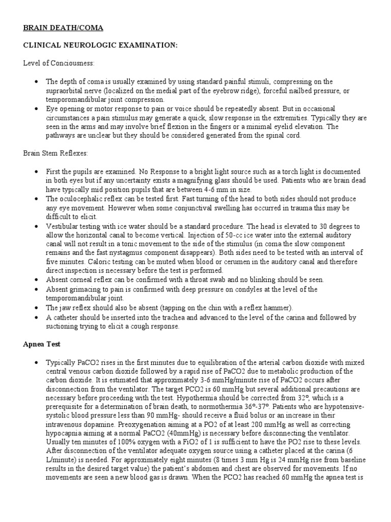 Brain Death - Clinical Evaluation | PDF | Apnea | Blood Pressure